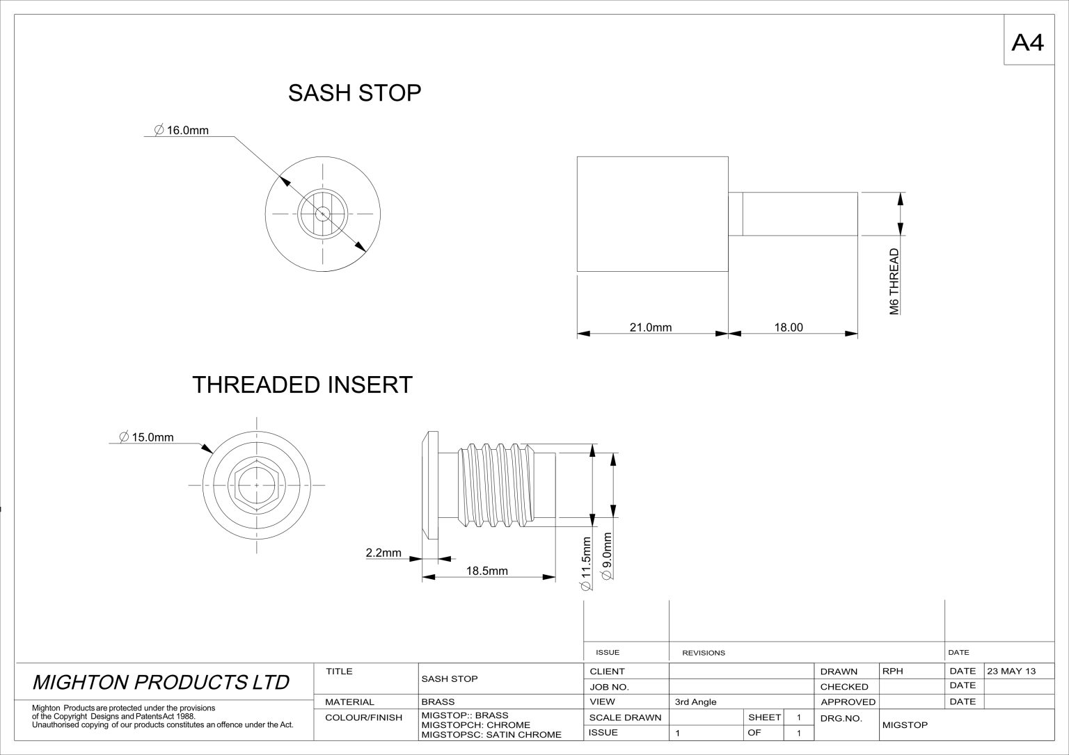 19mm Sash Stops - Set of 4 - Mighton Products